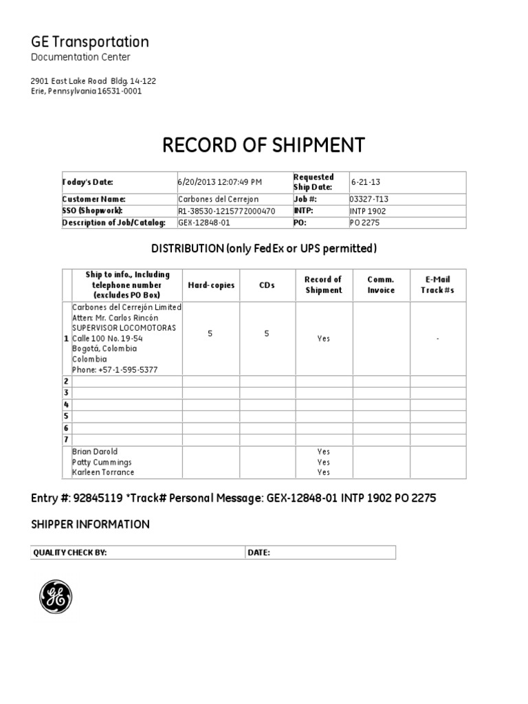 Shipment Record for Carbones del Cerrejon | PDF