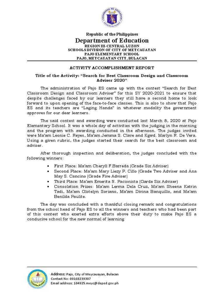 Accomplishment Report Most Cooperative-Best Classroom | PDF | Further ...