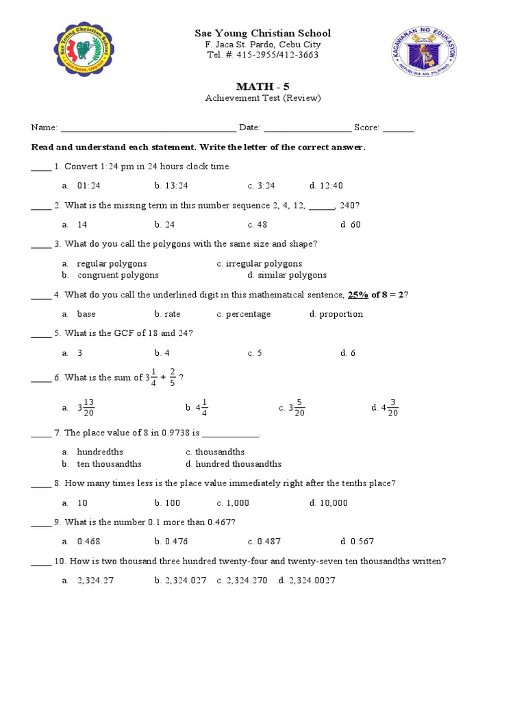 Math 5 Achievement Test (Review) | PDF