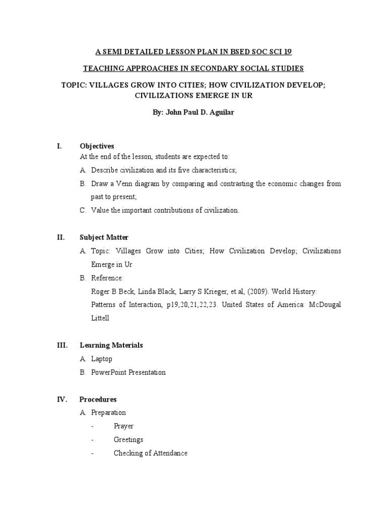 A Semi Detailed Lesson Plan in Bsed Soc Sci 19 | PDF | Lesson Plan ...