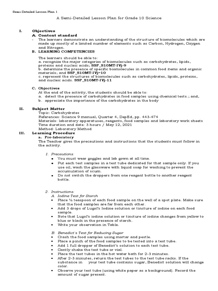 I. Objectives A. Content Standard: A Semi-Detailed Lesson Plan For ...