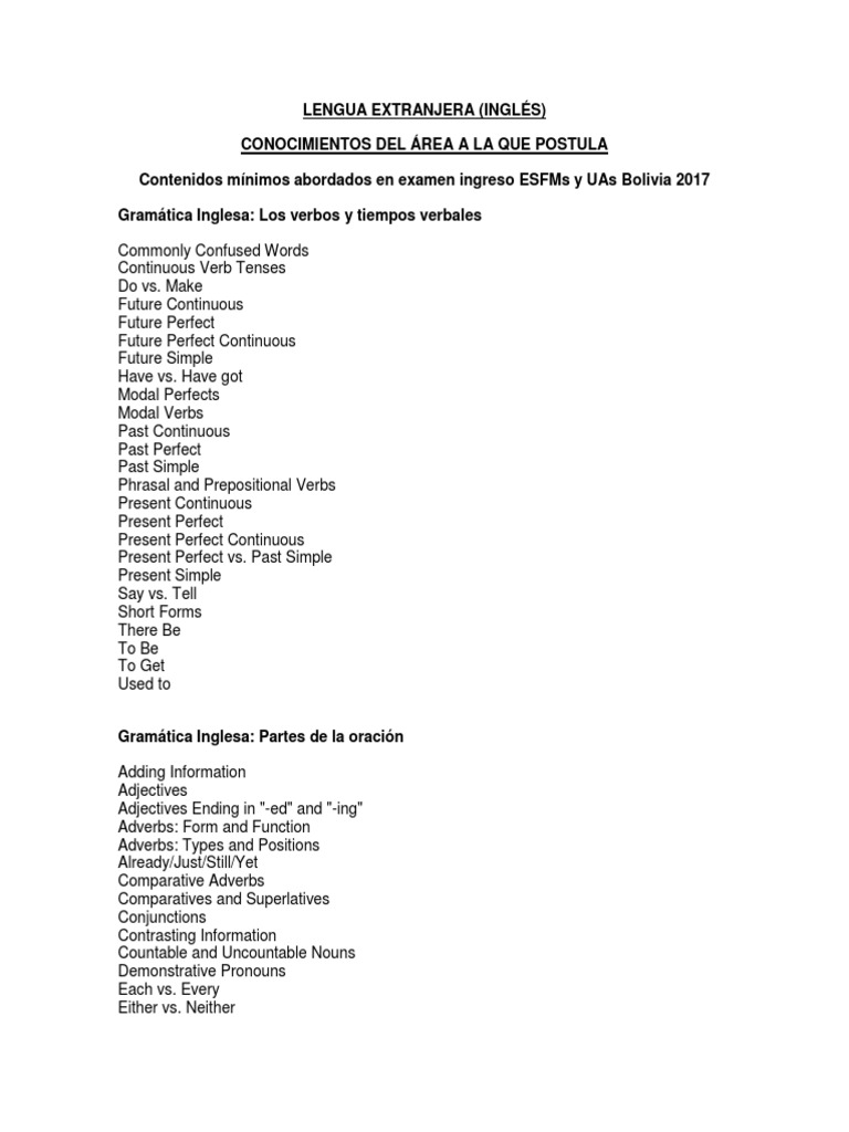 Lengua Extranjera (Inglés) Conocimientos Del Área A La Que Postula ...