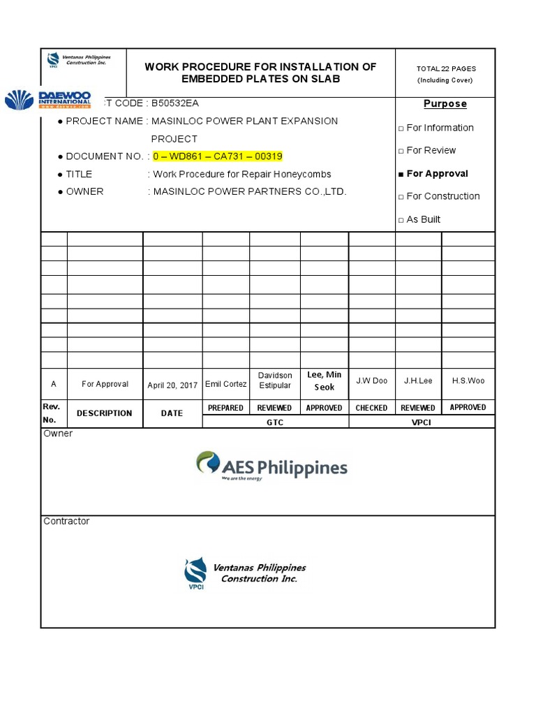 Work Procedure For Embedded Plate Installation | PDF | Welding ...