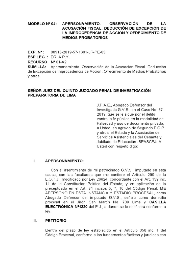 Modelo de Apersonamiento, Observaci+Ôn de La Acusaci+Ôn Fiscal, Deducci+Ôn de Excepci+Ôn de La ...