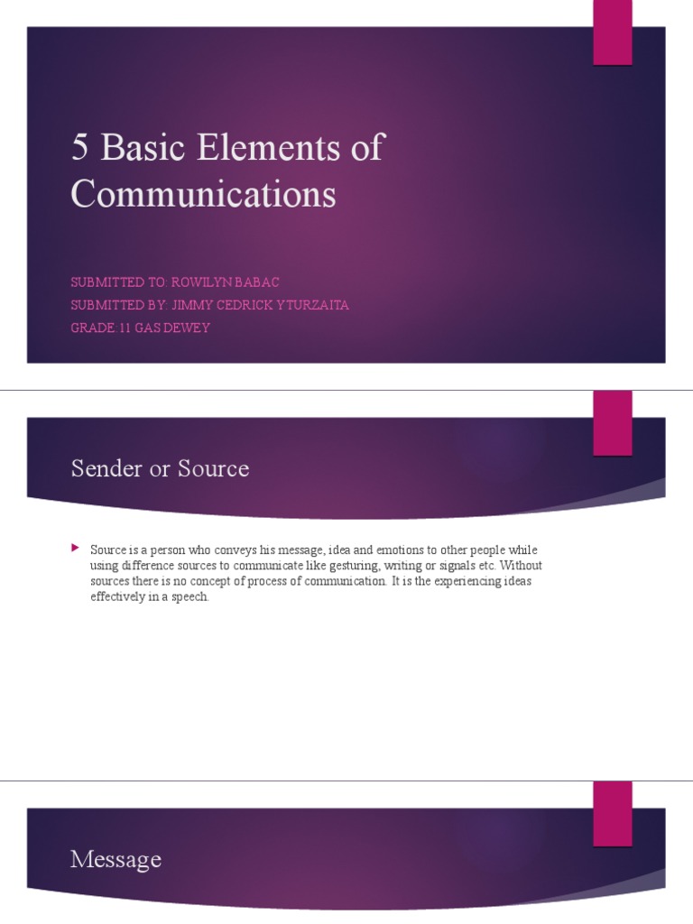 5 Basic Elements of Communications: Submitted To: Rowilyn Babac ...