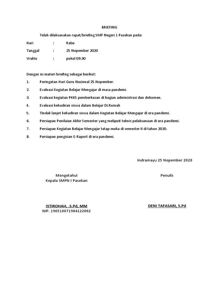 Notulen Briefing SMP 1 Pasekan 2020 | PDF