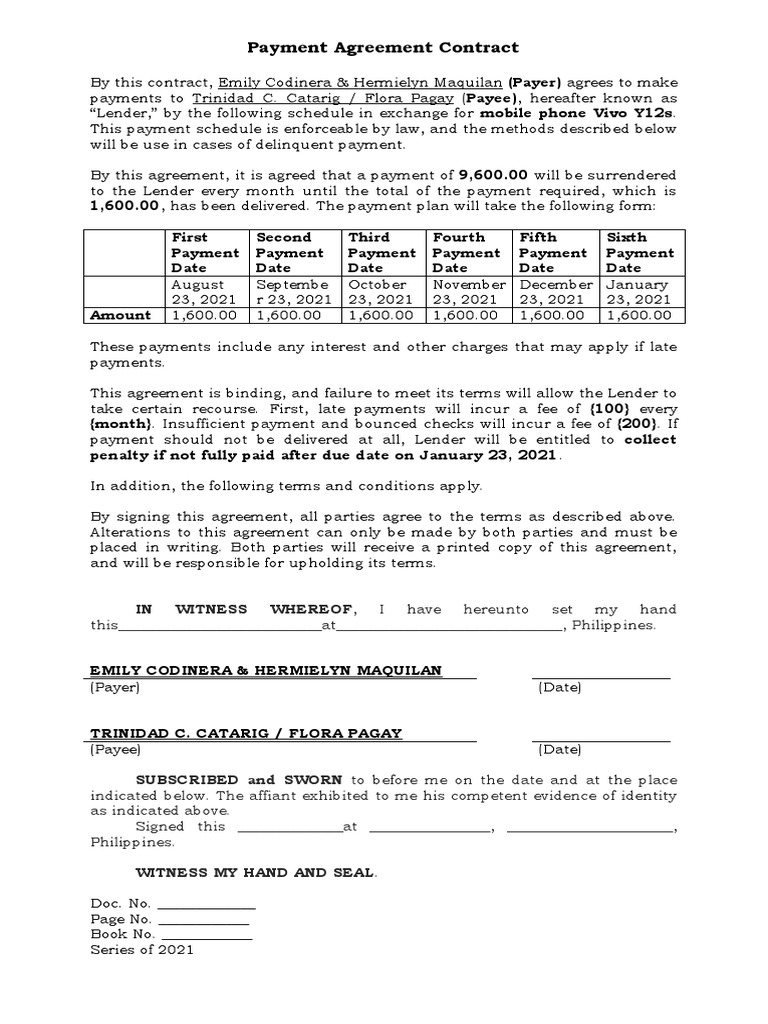 Six Month Payment Agreement for the Purchase of Vivo Y12s Mobile Phones ...