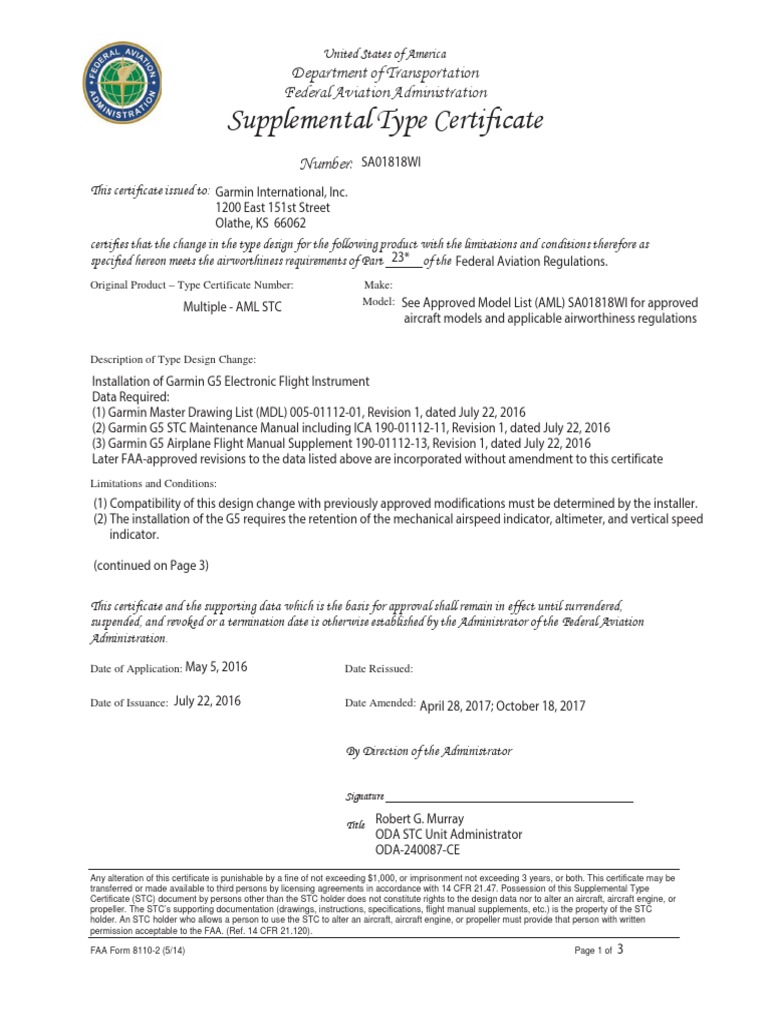 Garmin G5 STC | PDF | Vehicle Operation | Federal Aviation Administration