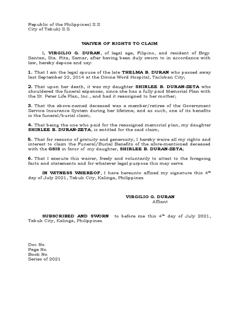 GSIS Waiver of Rights for Burial Claim | PDF
