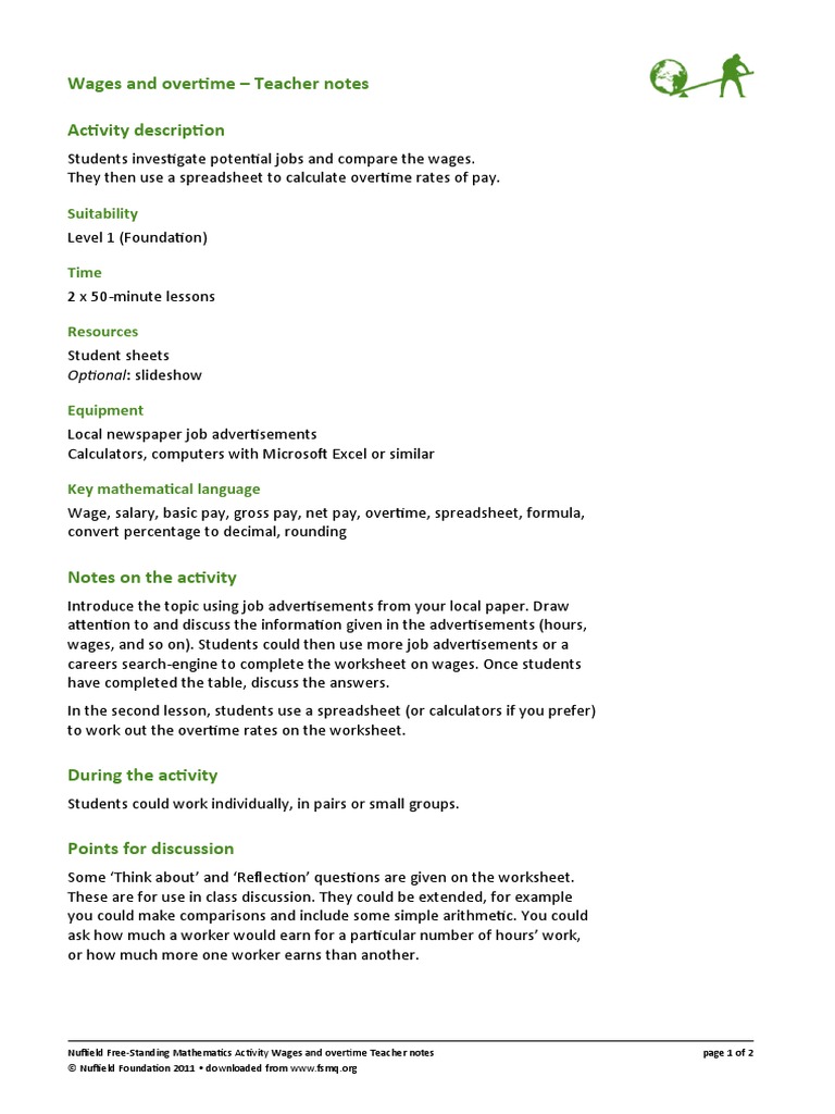 FSMA Wages and Overtime Teacher | Download Free PDF | Worksheet ...