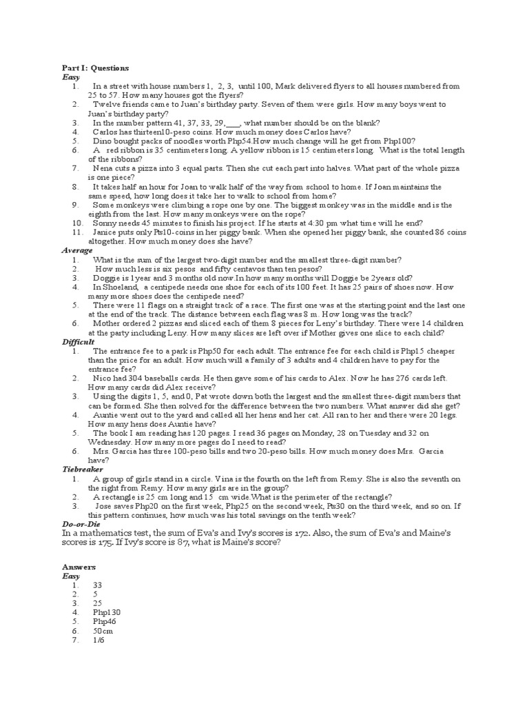 Part I: Questions | PDF | Area | Elementary Mathematics