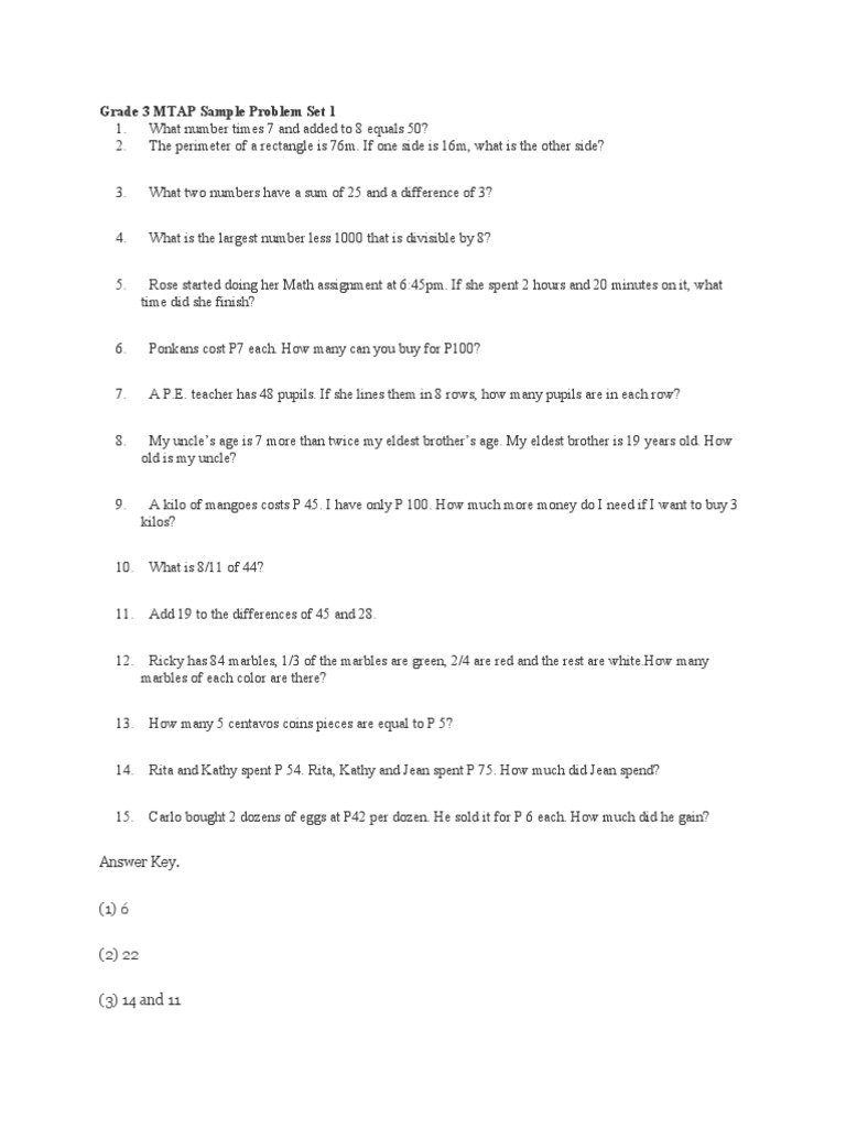Grade 3 MTAP Sample Problem Set 1 | PDF | Area | Rectangle