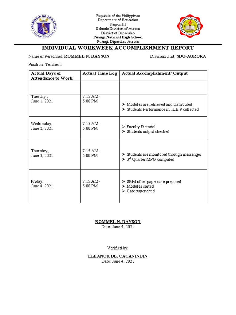 Dayson Individual - Workweek - Accomplishment - Report - 2020 | PDF ...