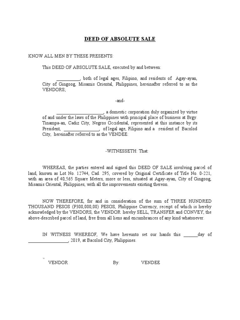 Deed of Sale Corp | PDF | Deed | Document