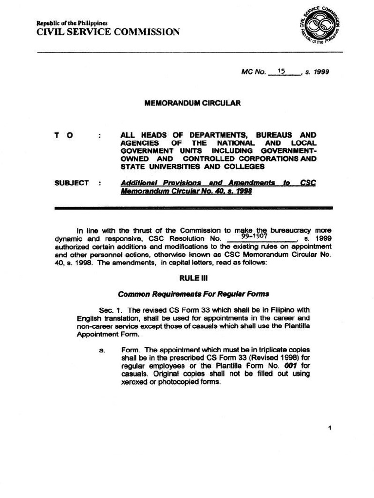 CSC MC No. 15 s.1999 Additions To Rules On Appointment | PDF