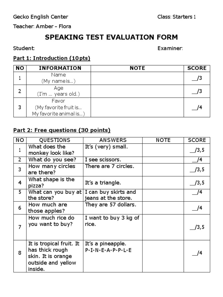 Starters Speaking Test Evaluation Form | PDF | Foods