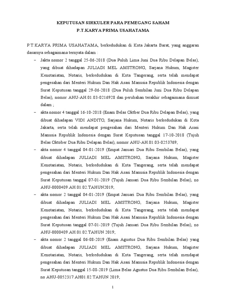 Keputusan Sirkuler para Pemegang Saham 2021 Draft | PDF