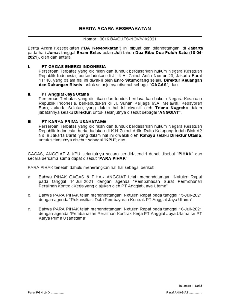 Draft BA Kesepakatan Novasi Juli-2021 | PDF