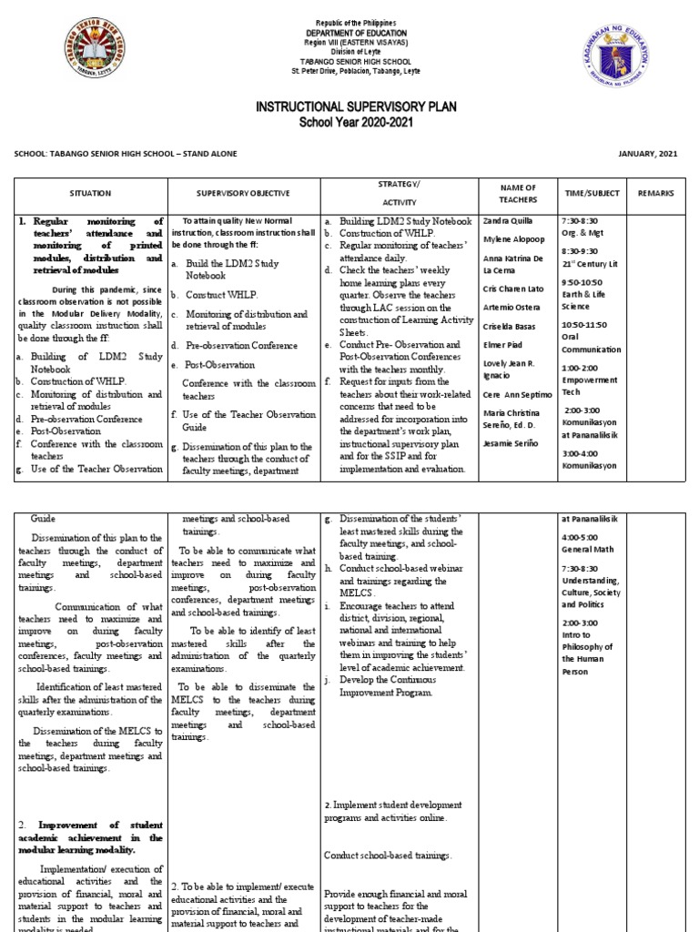 January Instructional Supervisory Plan 2020-21 | PDF | Schools | Teachers