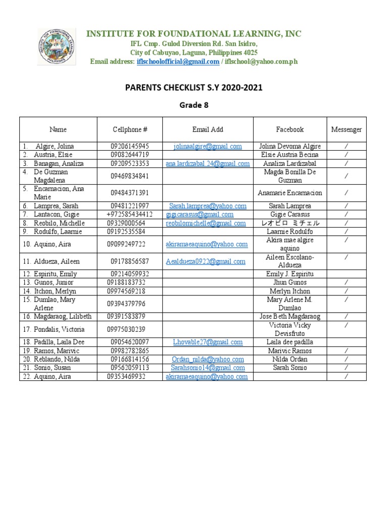 Grade 8 Parents Check List 2020-2021 | PDF