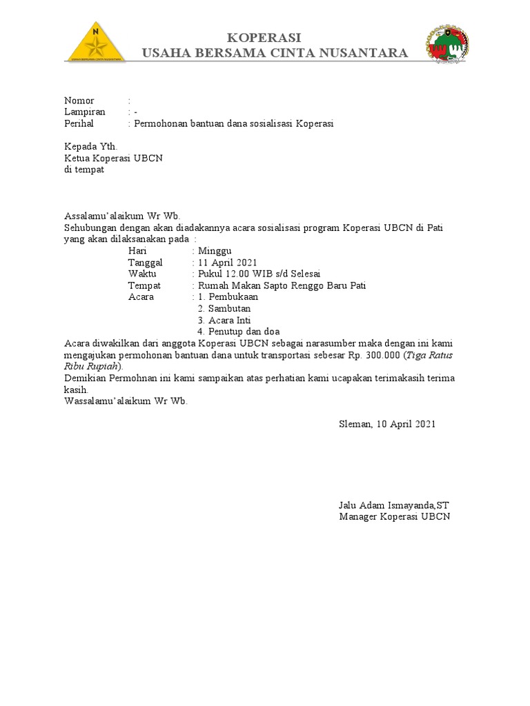Contoh Format Surat Pengajuan Dana Transportasi | PDF
