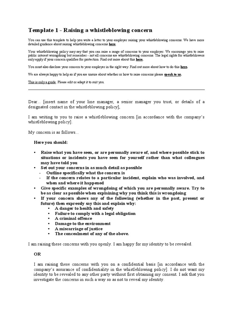 Whistleblowing Concern Letter Template | PDF | Whistleblower | Applied ...