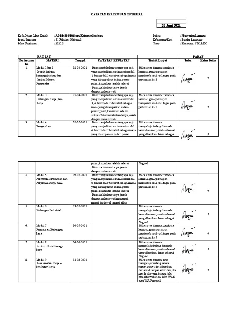 Catatan Pertemuan Tutorial HK Ketenagakerjaan | PDF