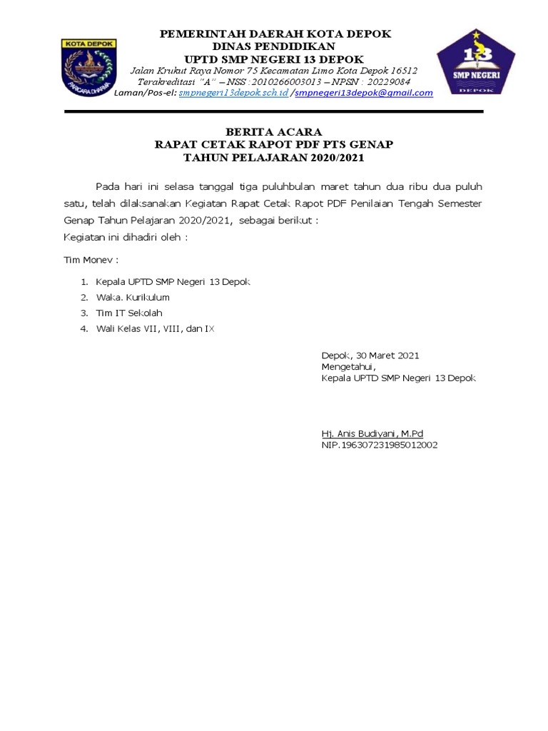 Berita Acara Rapat Cetak Rapot Pts Genap 2021 | PDF