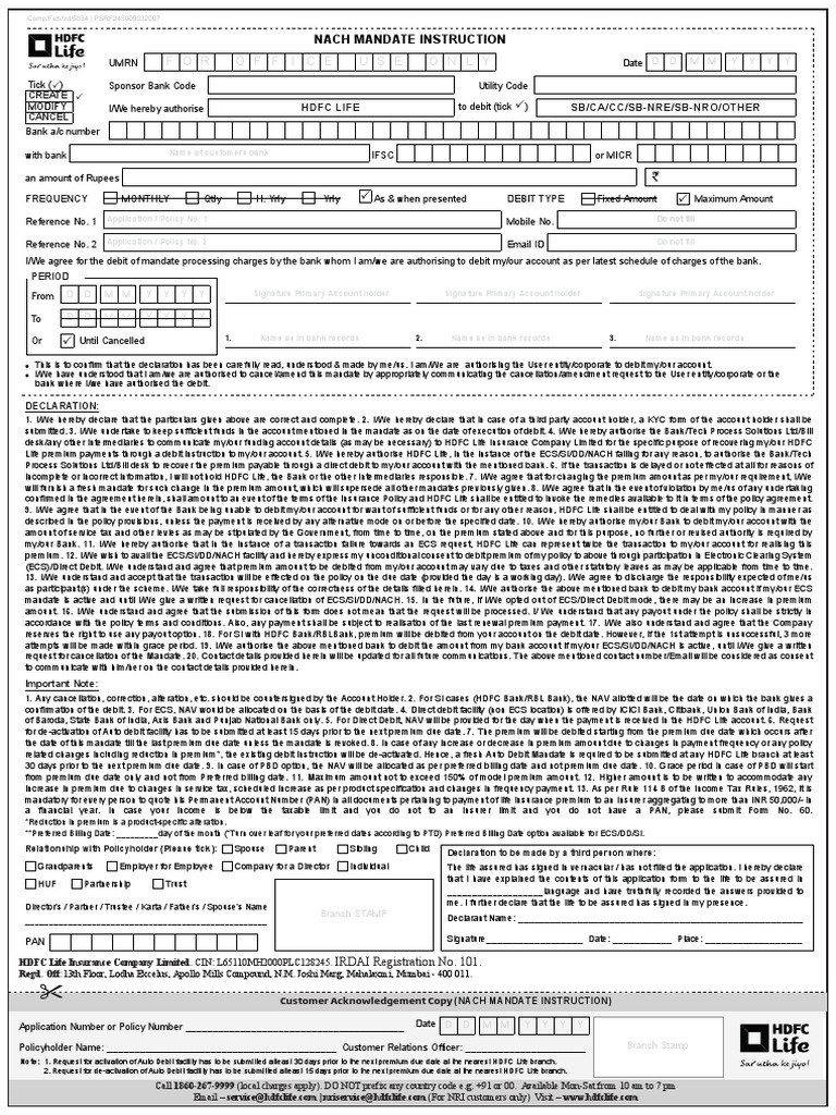 FOR Office USE Only: HDFC Life Sb/Ca/Cc/Sb-Nre/Sb-Nro/Other | PDF ...