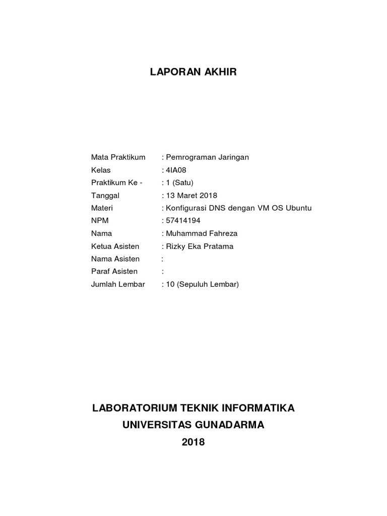 Laporan Akhir Praktikum - Konfigurasi DNS Dengan VM OS Ubuntu | PDF
