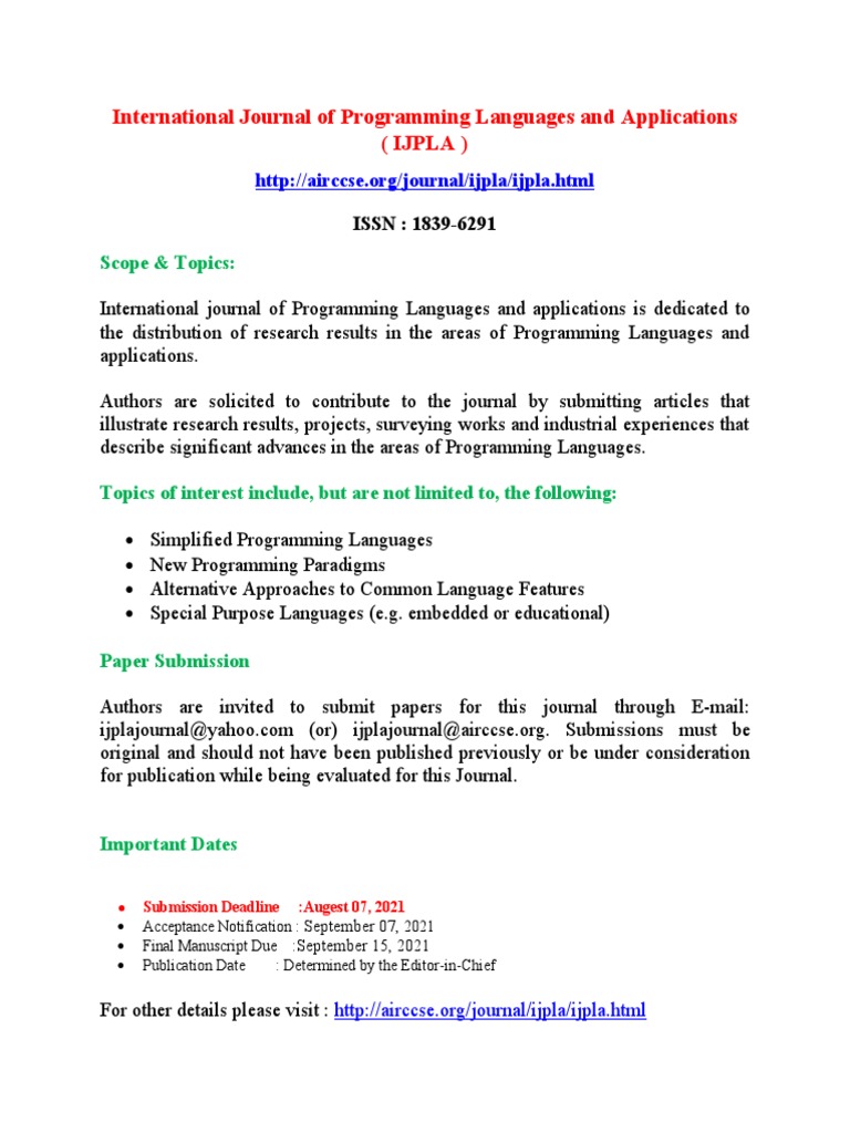 International Journal of Programming Languages and Applications IJPLA | PDF