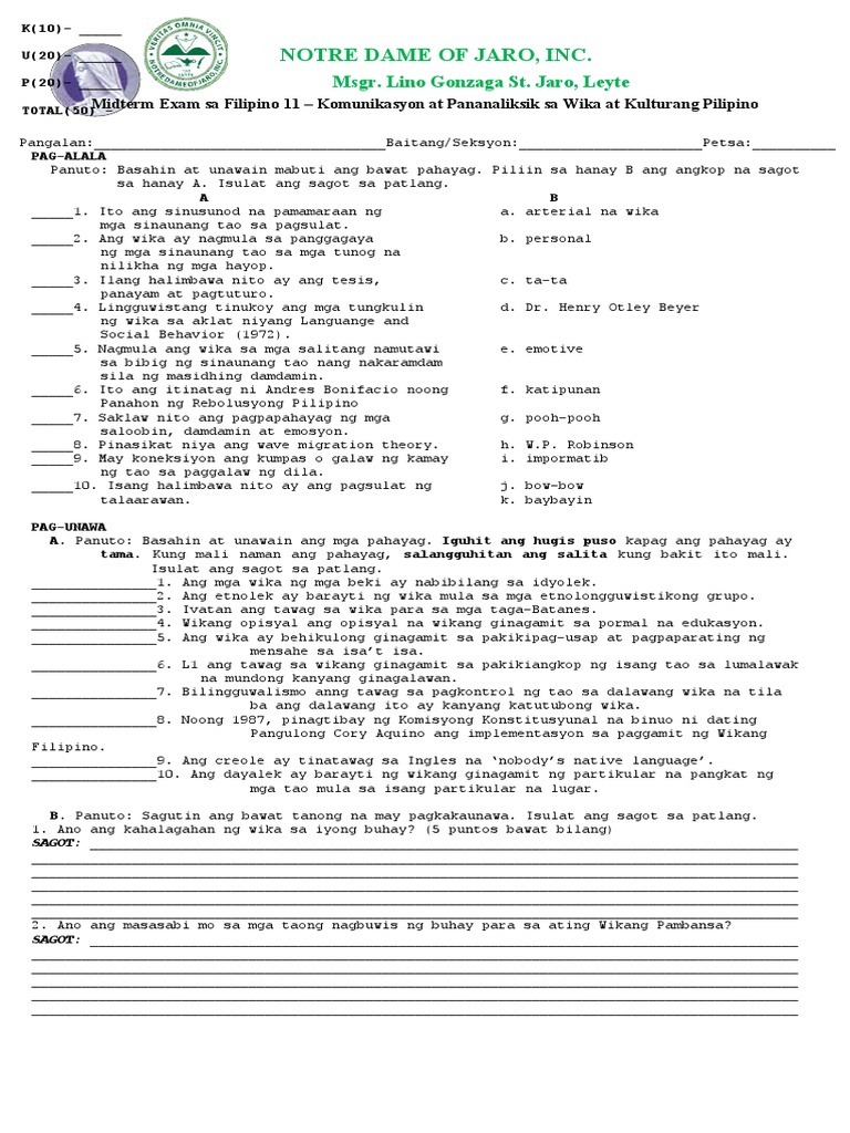 Grade 11 Midterm Exam Filipino | PDF