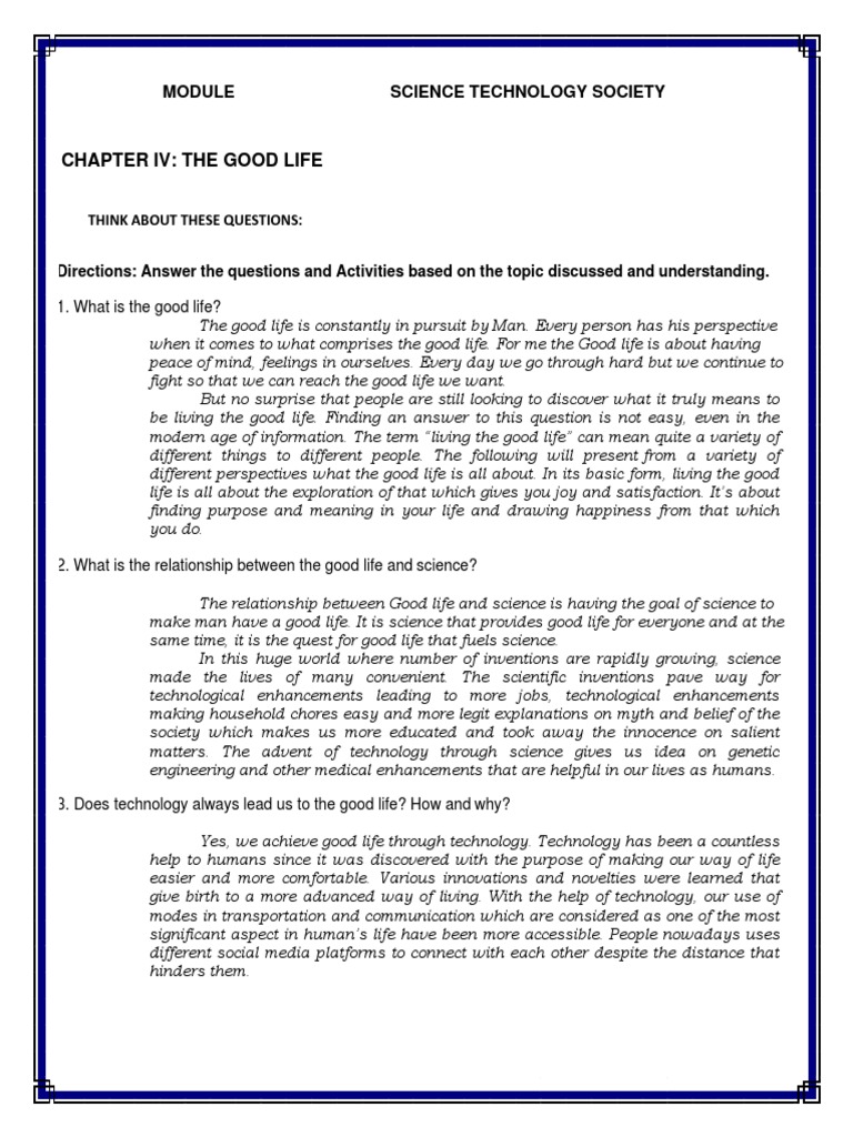 Chapter Iv: The Good Life: Science Technology Society | PDF | Good And ...