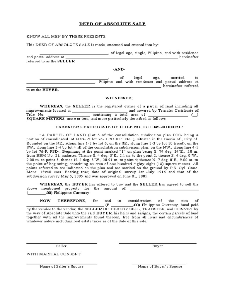 Deed of Sale Lot Template | PDF | Civil Law (Legal System) | Urban