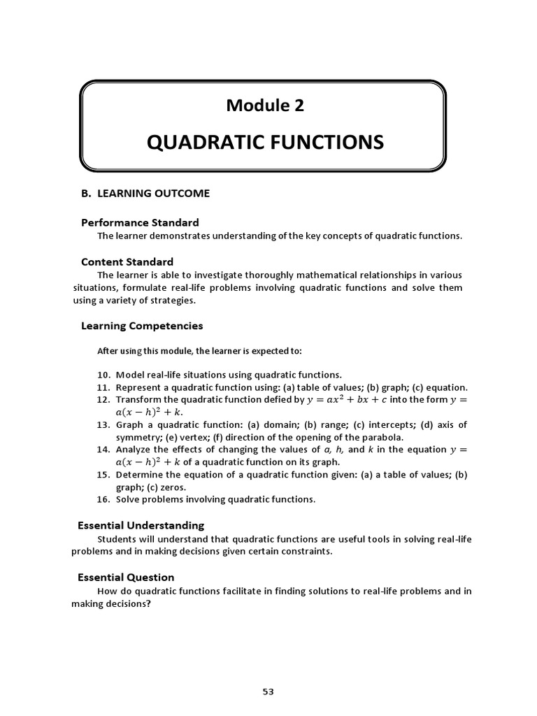 Quadratic Functions: B. Learning Outcome Performance Standard | PDF ...