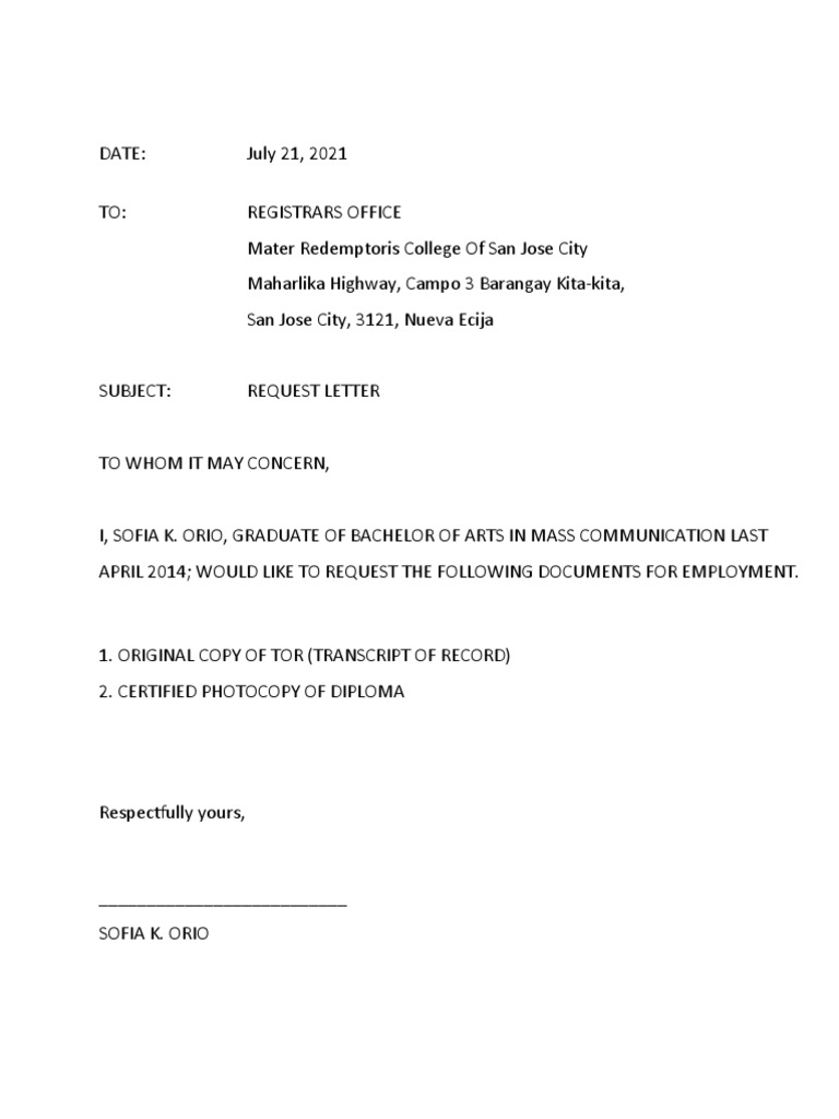 Request for TOR and Diploma Copy | PDF