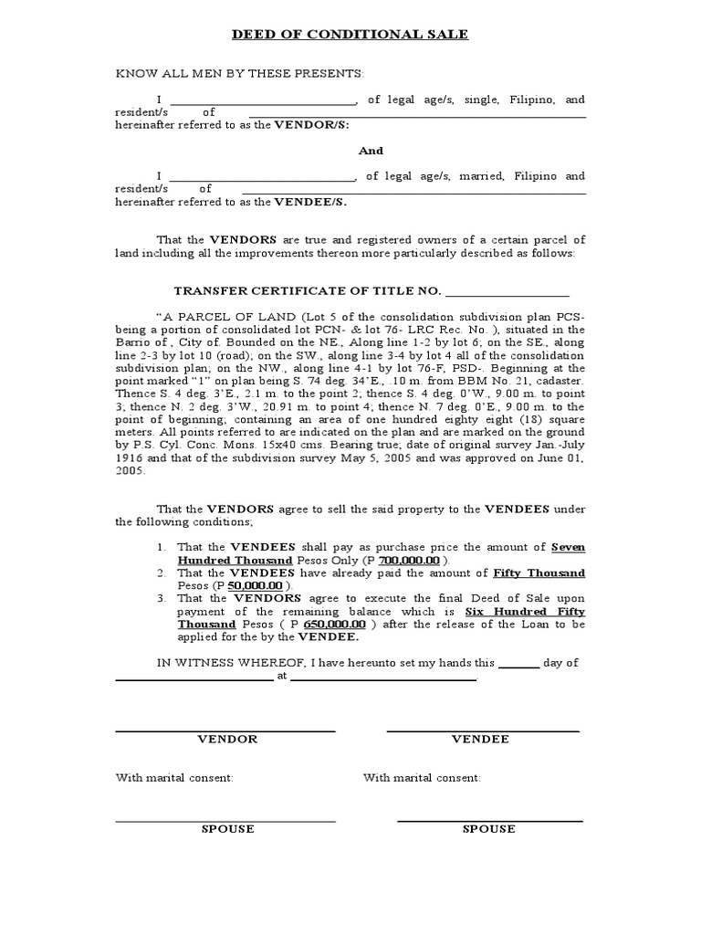 Deed of Conditional Sale Lot Template | PDF | Natural Resources Law ...