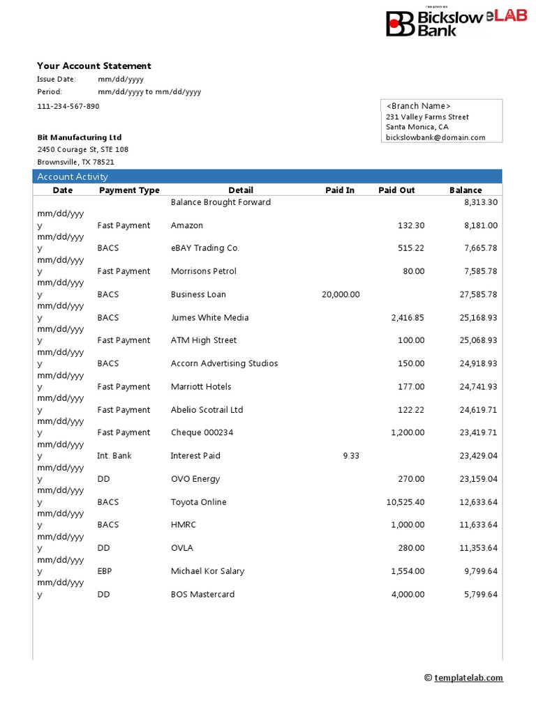 Bank Statement Template 2 - TemplateLab | PDF