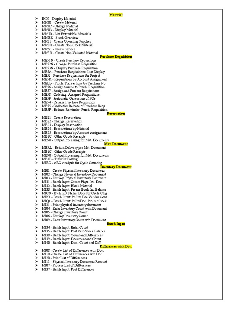 Sap MM T-Code | PDF | Business Process | Supply Chain Management