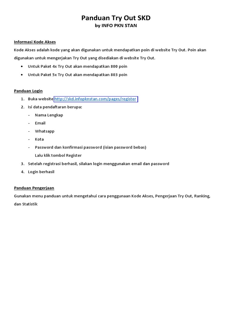 Panduan Try Out SKD Info PKN Stan | PDF