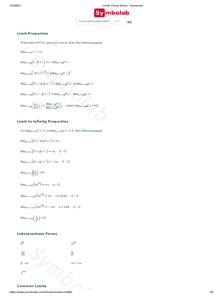 Limits Cheat Sheet for Calculus | PDF | Mathematical Structures | Calculus