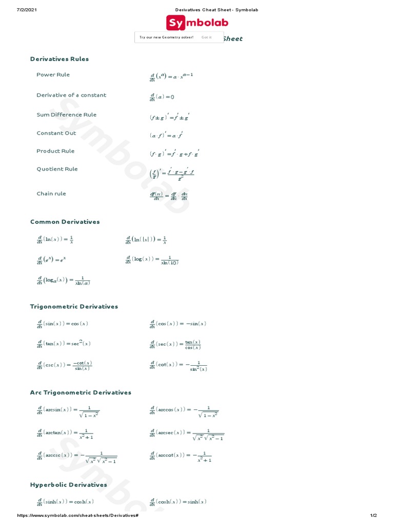PRINT4 - Derivatives Cheat Sheet - Symbolab | PDF | Trigonometric ...