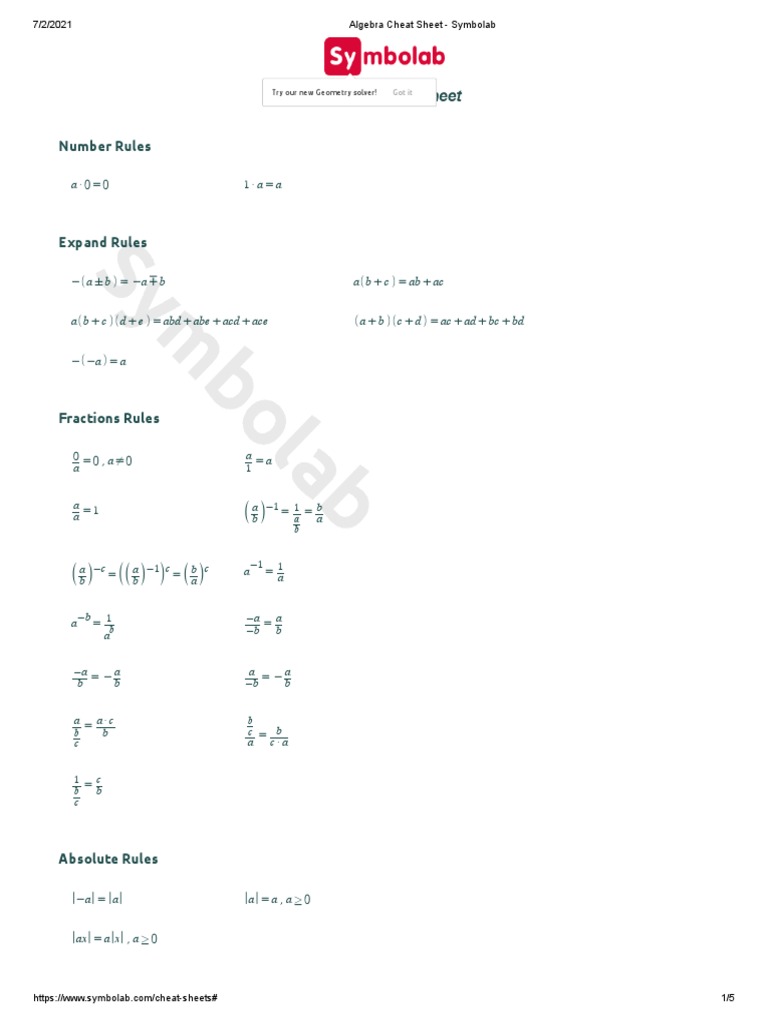 PRINT-Algebra Cheat Sheet - Symbolab | PDF | Algebra | Teaching Mathematics