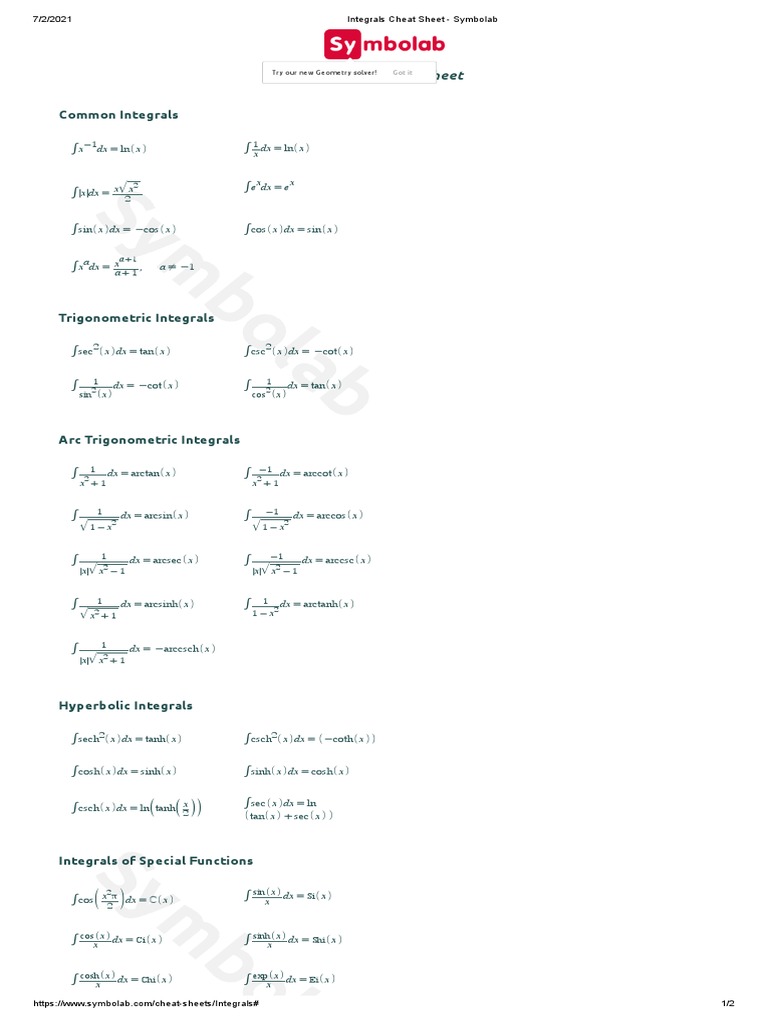 Integrals Cheat Sheet | PDF | Real Analysis | Theoretical Physics