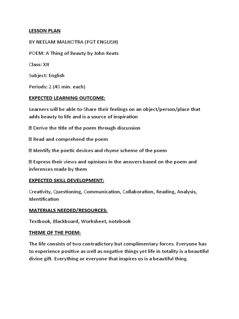 Lesson Plan Athing of Beauty | PDF | Poetry | Lesson Plan