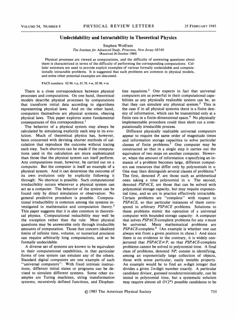 1985 Undecidability And Intractability In Theoretical Physics Pdf Time Complexity