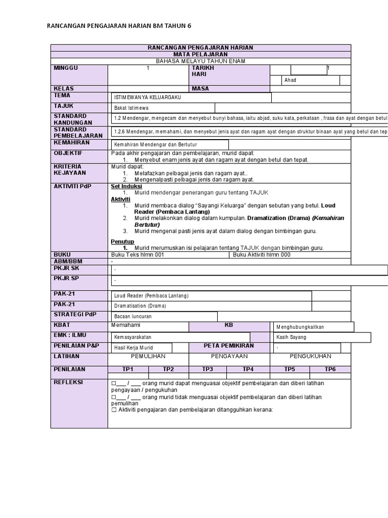 Contoh RPH BMT6 | PDF