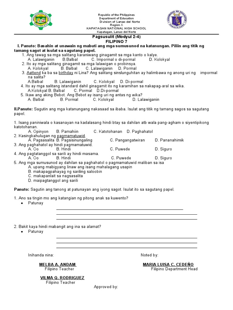 Filipino 7 Module 2 Assessment | PDF
