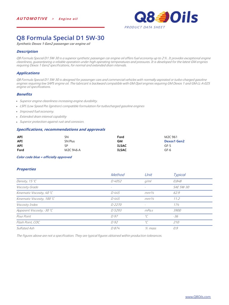 Q8 Formula Special D1 5W-30: Description | PDF | Motor Oil | Vehicle ...