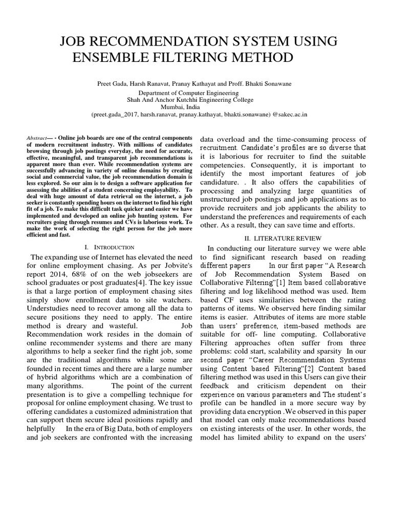 Job Recommendation System Using Ensemble Filtering Method | PDF | Linear Regression | Dependent ...